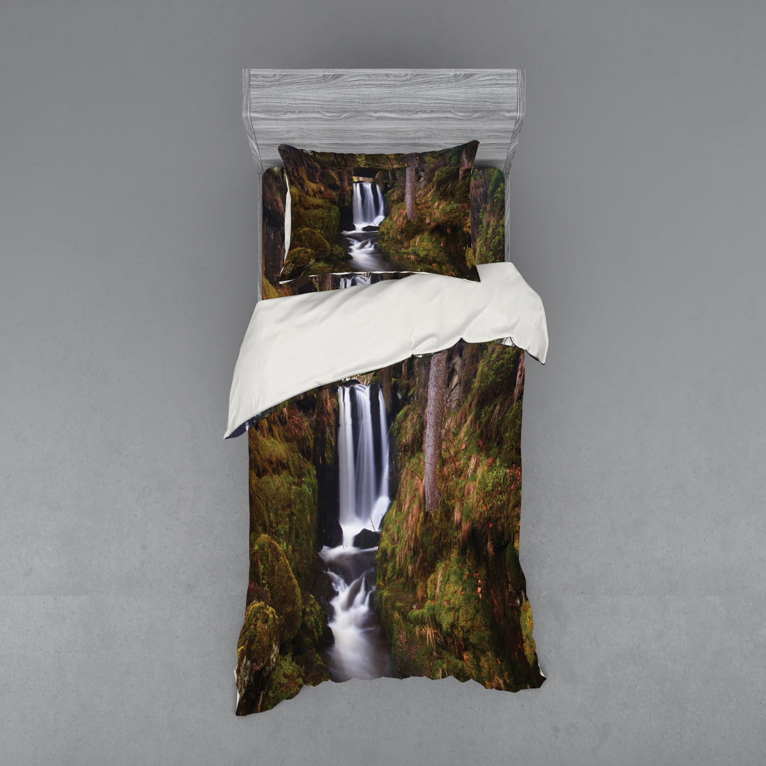 Waterfall Duvet Cover Set, Waterfall Under Old Wooden Bridge in Forest ...