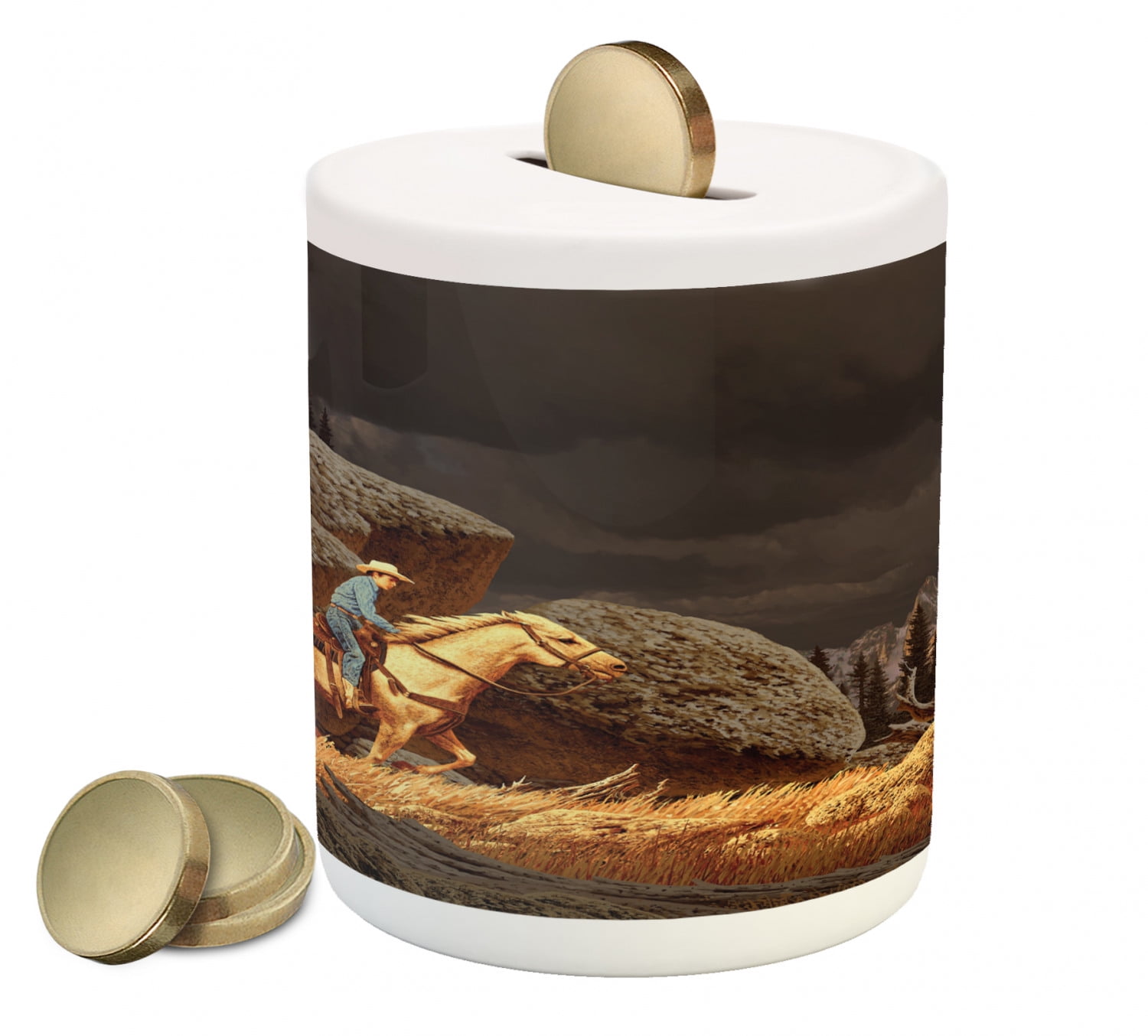 Western Piggy Bank, Rock Mountain Landscape Cowboy Riding Horse ...