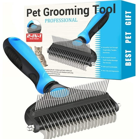 Pet Grooming Tool - 2 in 1 Sided Undercoat Rake for Cats & Dogs, Safe ...