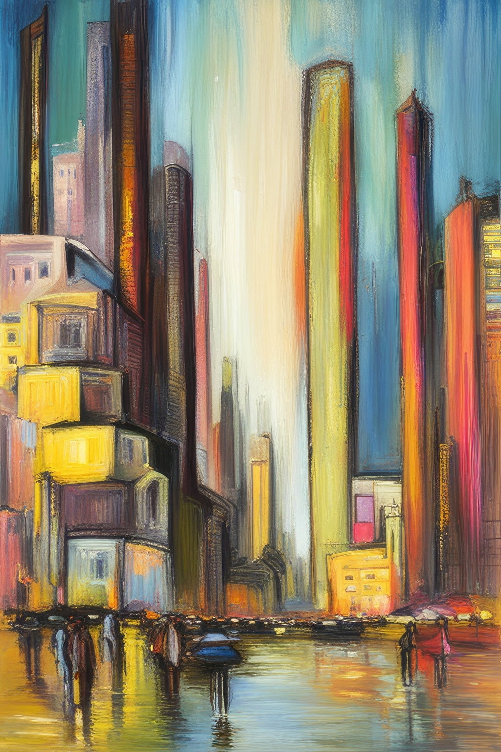 Neon Lit Abstract Cityscape Acrylic Painting - 12" x 18" Art Print Wall ...