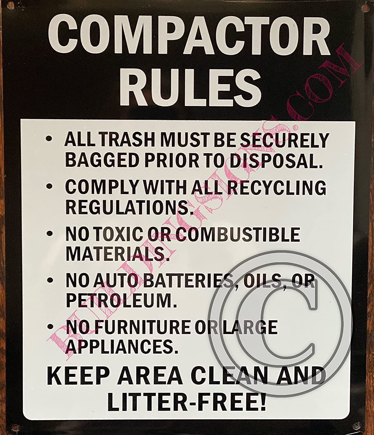 Compactor Rules Sign (White, Reflective, Aluminum, 10x12 INCH) (ref ...