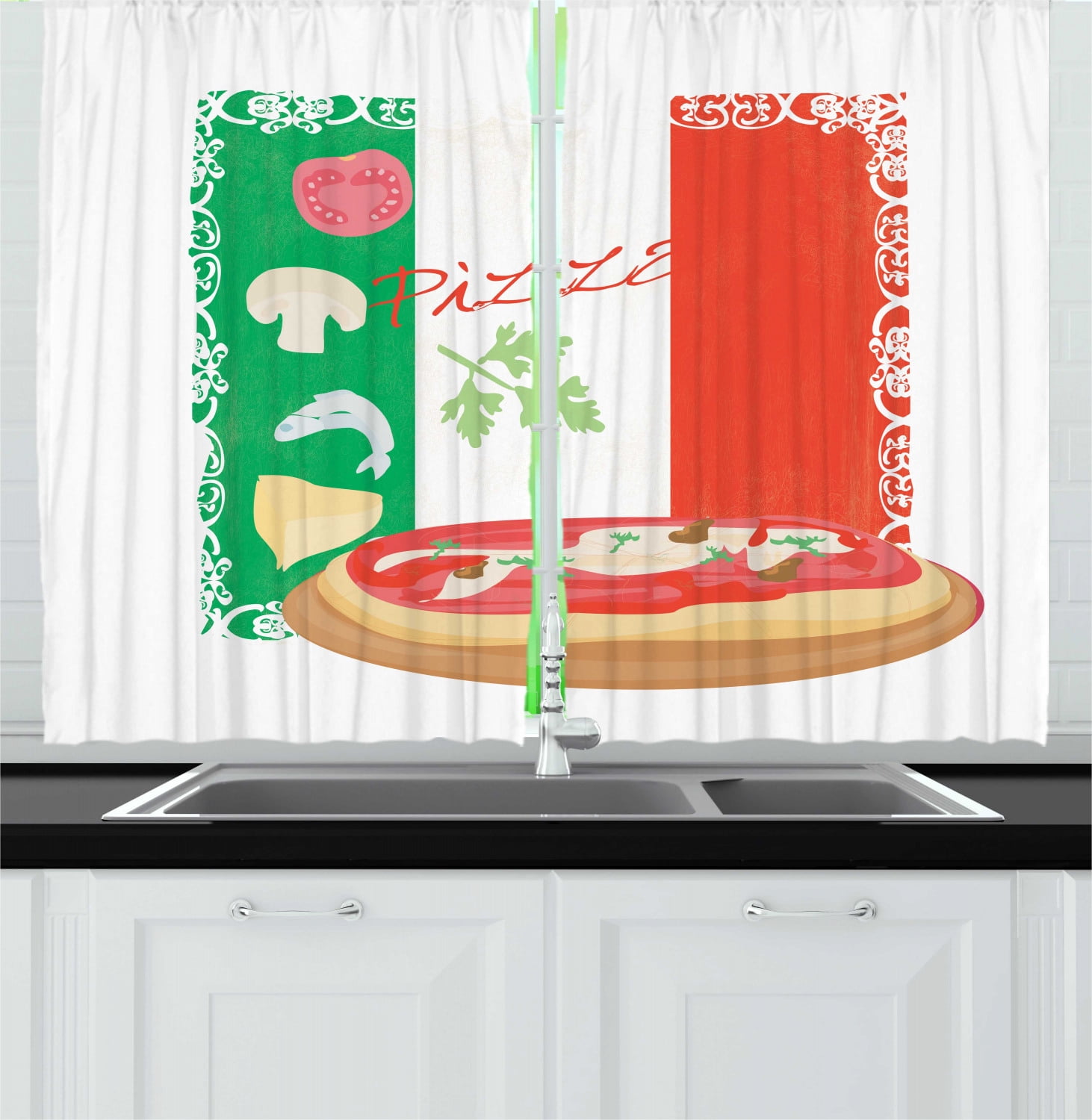 Pizza Curtains 2 Panels Set, Delicious Food on Italian Flag Background ...