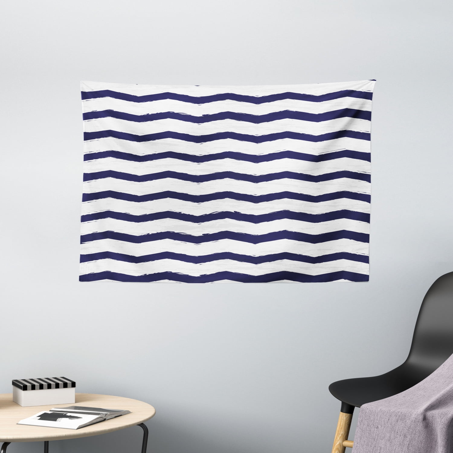 Navy Tapestry, Chevron Twisty Pattern in Nautical Style Tones Ocean Sea ...
