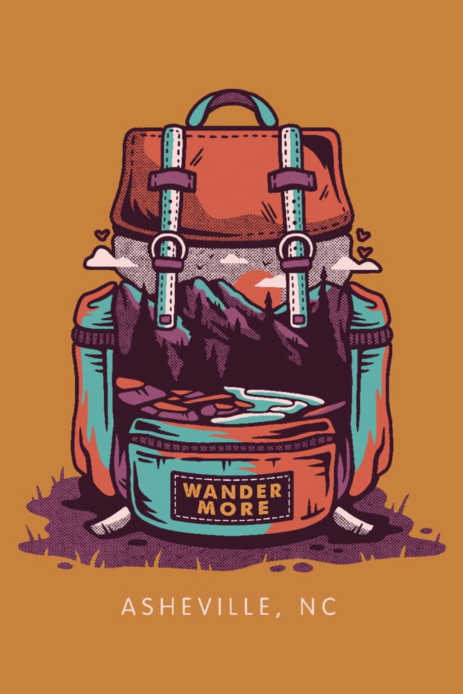 Asheville, North Carolina, Backpack, Wander More, Distressed Vector, Yellow (12x18 Wall Art ...