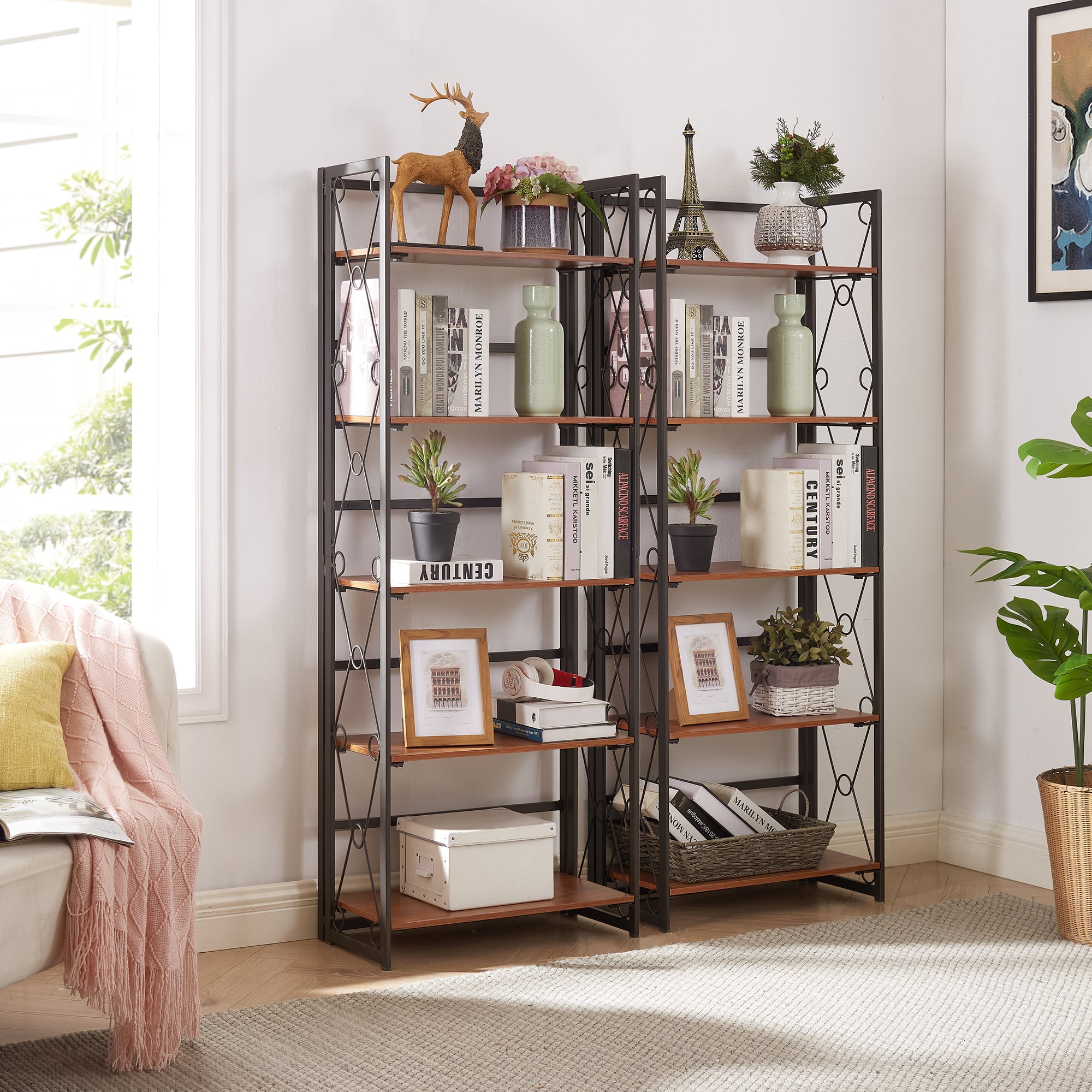 VECELO 2-Piece Bookshelf, Industrial Metal Freestanding 5-Shelf Folding ...