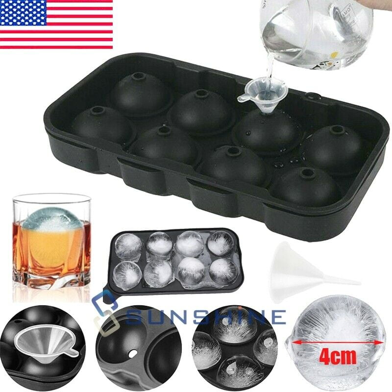 Black Round Silicone Ice Cube Ball Maker Tray 8 Large Sphere Molds Bar ...