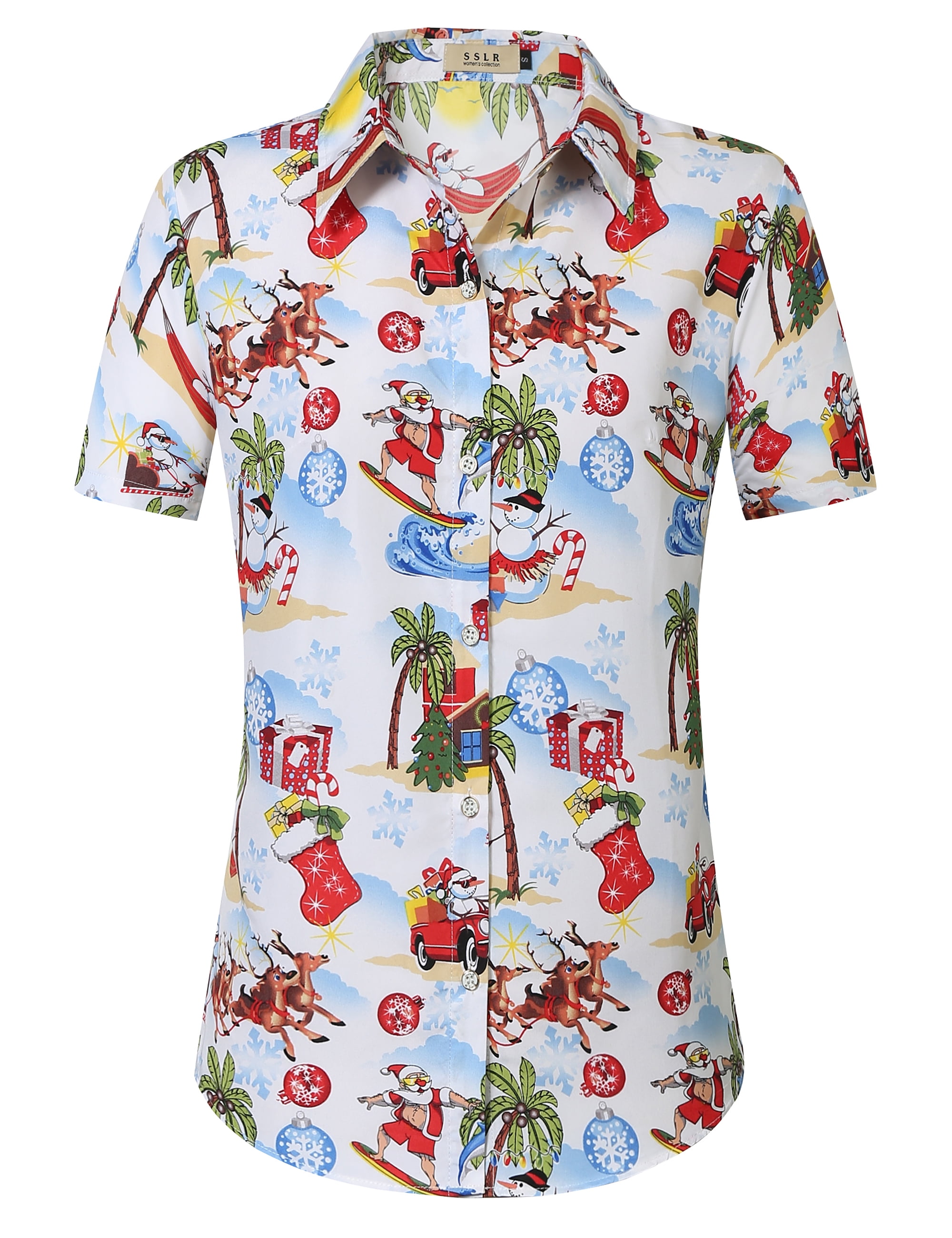 SSLR Women Santa Claus Ugly Hawaiian Christmas Shirts Tropical Aloha ...