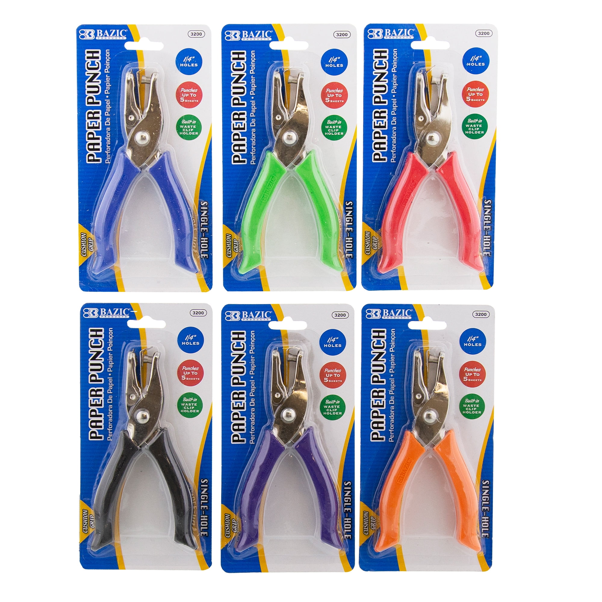 BAZIC Paper Punch 3 Hole 1/4" w/ Cushion Grip & Chip Tray Holder ...