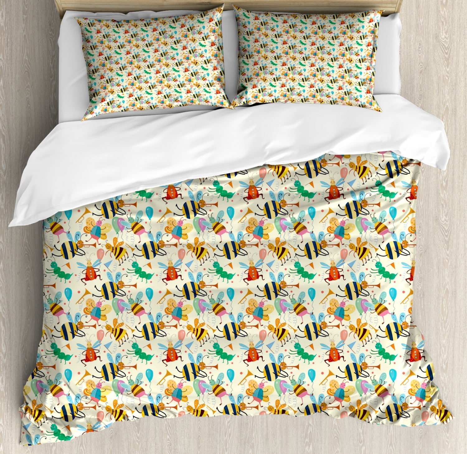 Bee Queen Size Duvet Cover Set, Graphic Bee Figures Partying Dancing ...