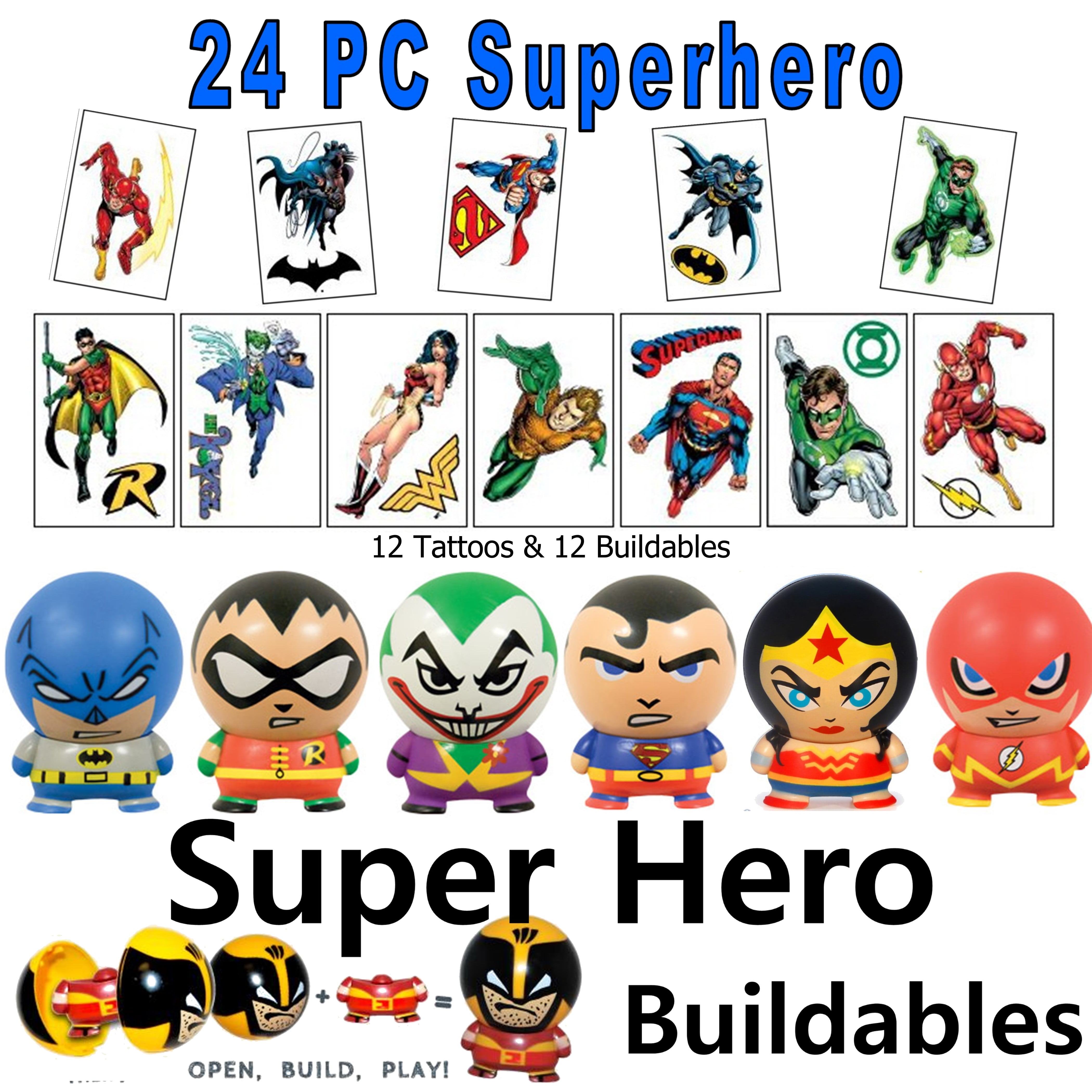 24 pc Superhero Party Favor Pack (12 Superhero Buildable Figurines & 12 ...