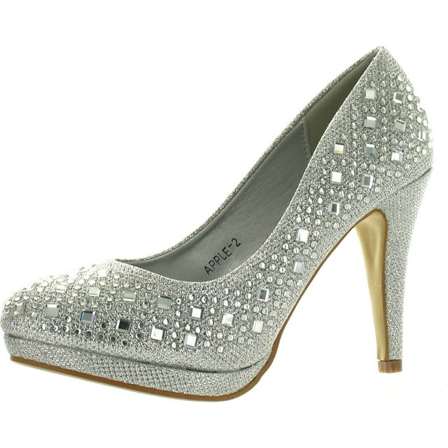 Round Toe Glitter Mesh Rhinestone Studded Low Platform Pump Heels ...
