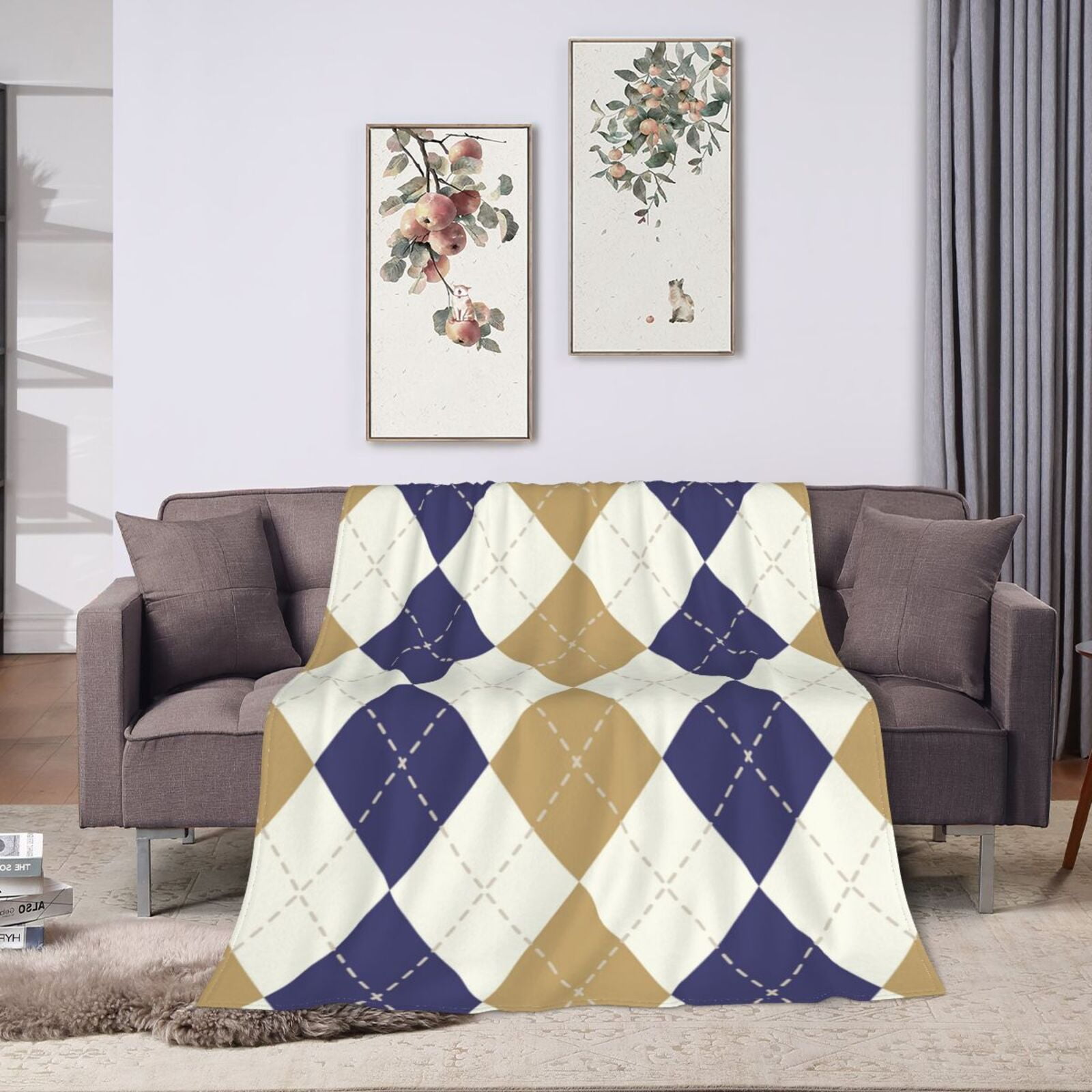 ZNDUO Beige Flat Square Pattern Throw Blanket, Lightweight Cozy Soft ...