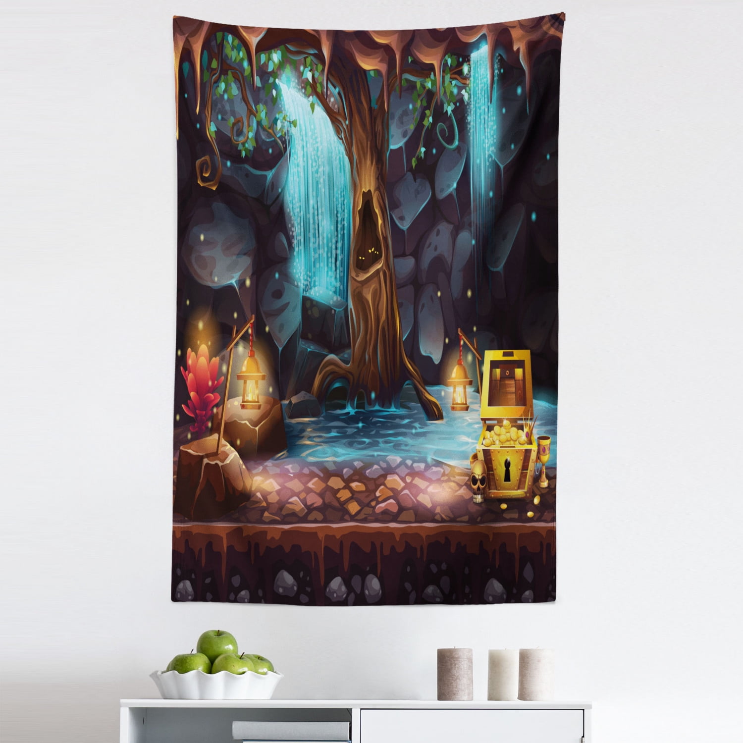 Fantasy Tapestry, Cartoon Style Cave Landscape with a Big Tree Treasure ...
