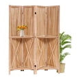 4-Panel Wooden Room Divider with Shelves & Holes - 67 Inch Tall Privacy ...