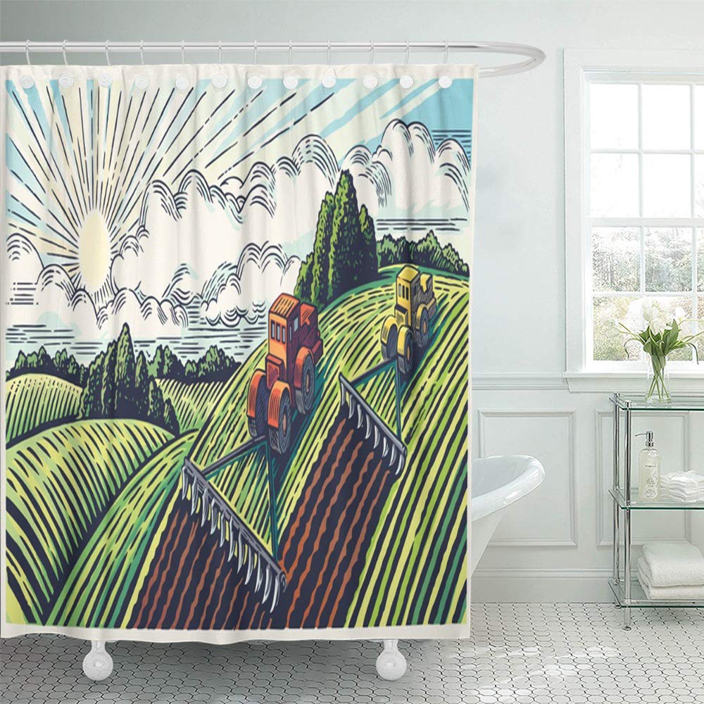 PKNMT Farm Spring Rural Landscape with Two Tractors in Graphic Style ...