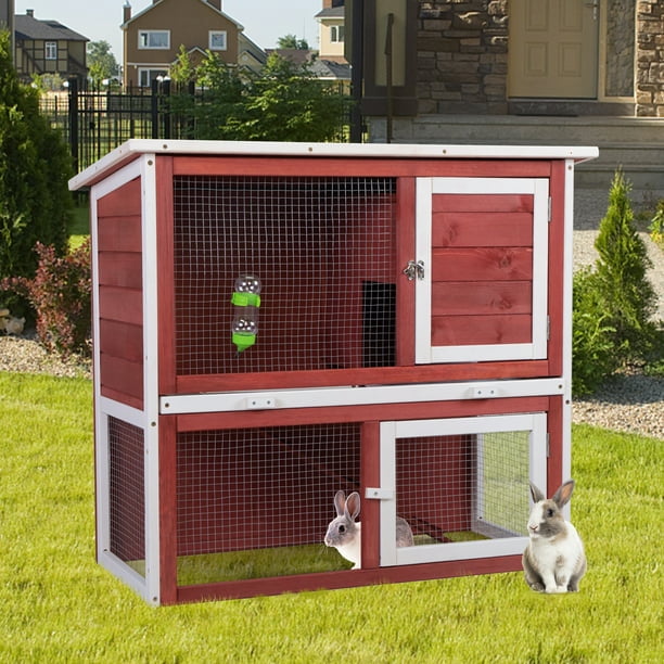 Vivifying Wood Rabbit Hutch, Pet Playpen with 2 Stories, Ramp, Doors ...