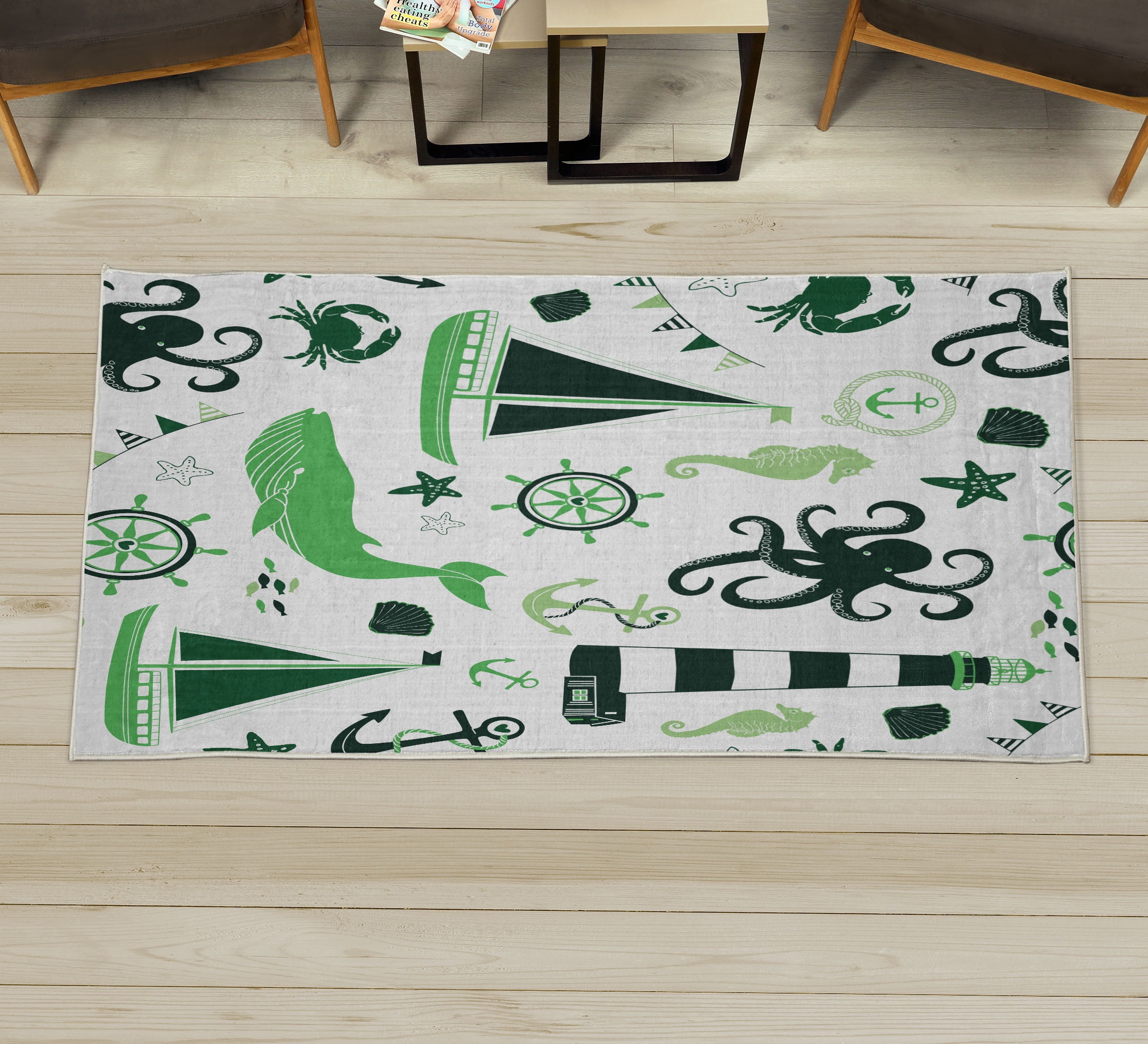 Nautical Decorative Rug, Pastel Colored Composition of Lighthouse ...