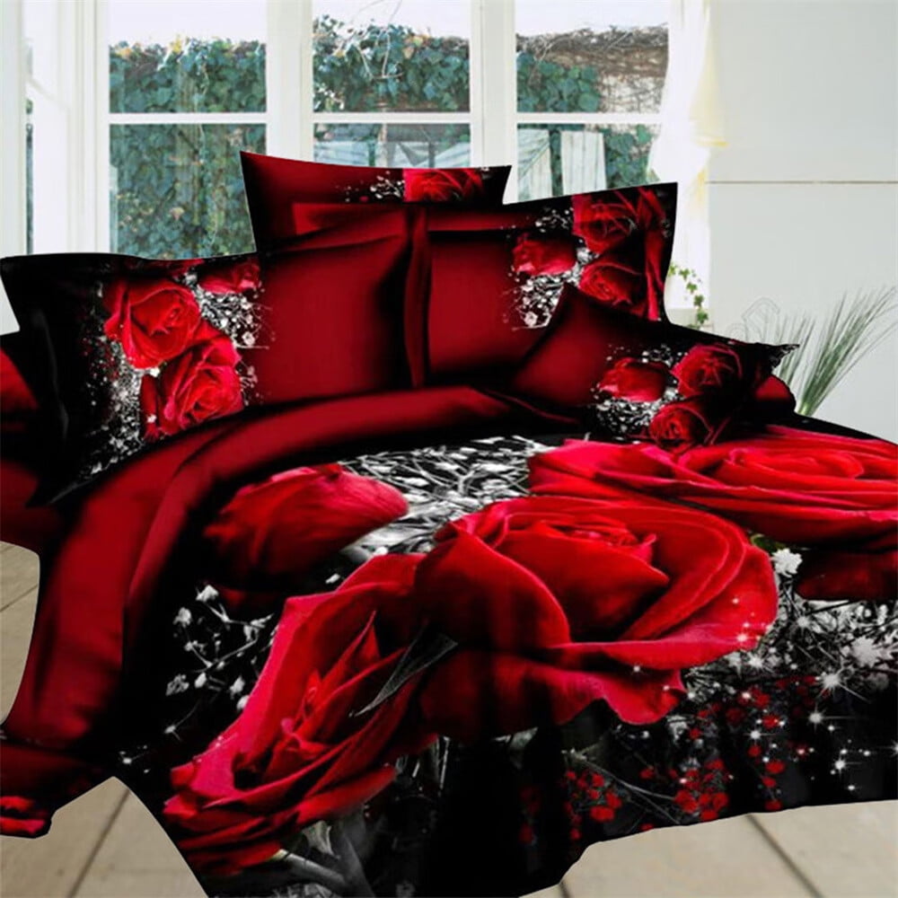 Acekid 4 Pcs 3D Big Red Rose Floral Bedding Set, Wedding Duvet Cover ...