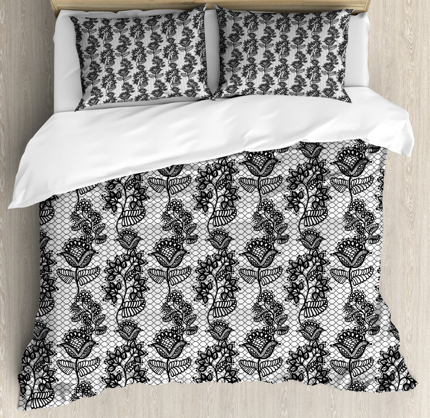 Black and White King Size Duvet Cover Set, Lace Style Victorian Flower ...
