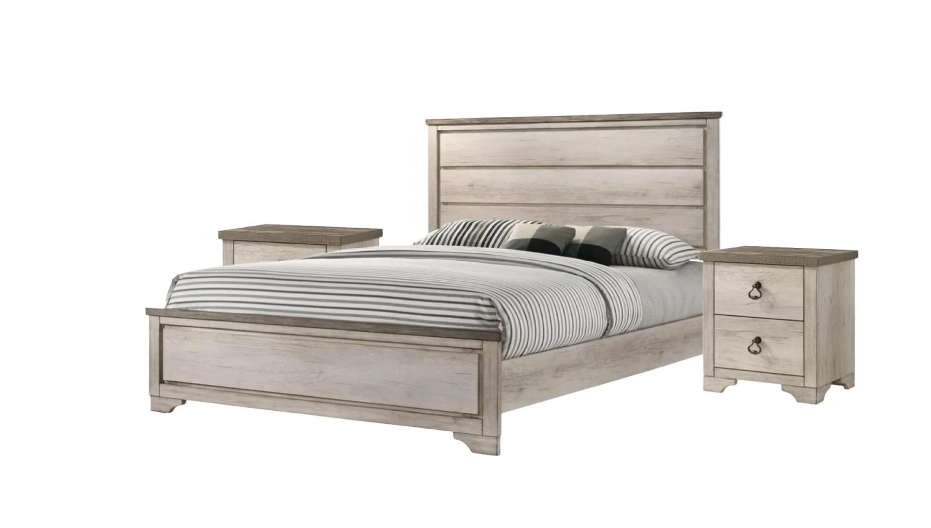 Rustic Style 3pc Panel Queen Size Bed and 2x Nightstands Set Beige ...