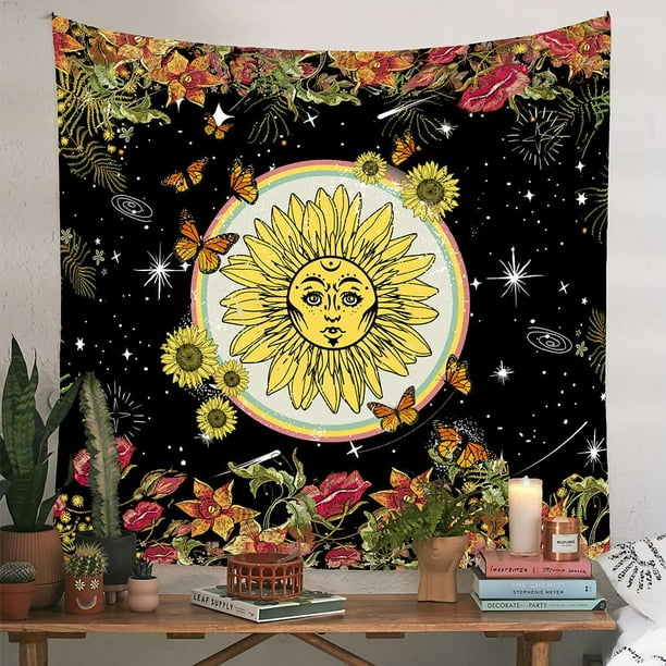 COUCOU Butterfly and Flower Tapestry Moon Stars Floral Tapestries Black ...