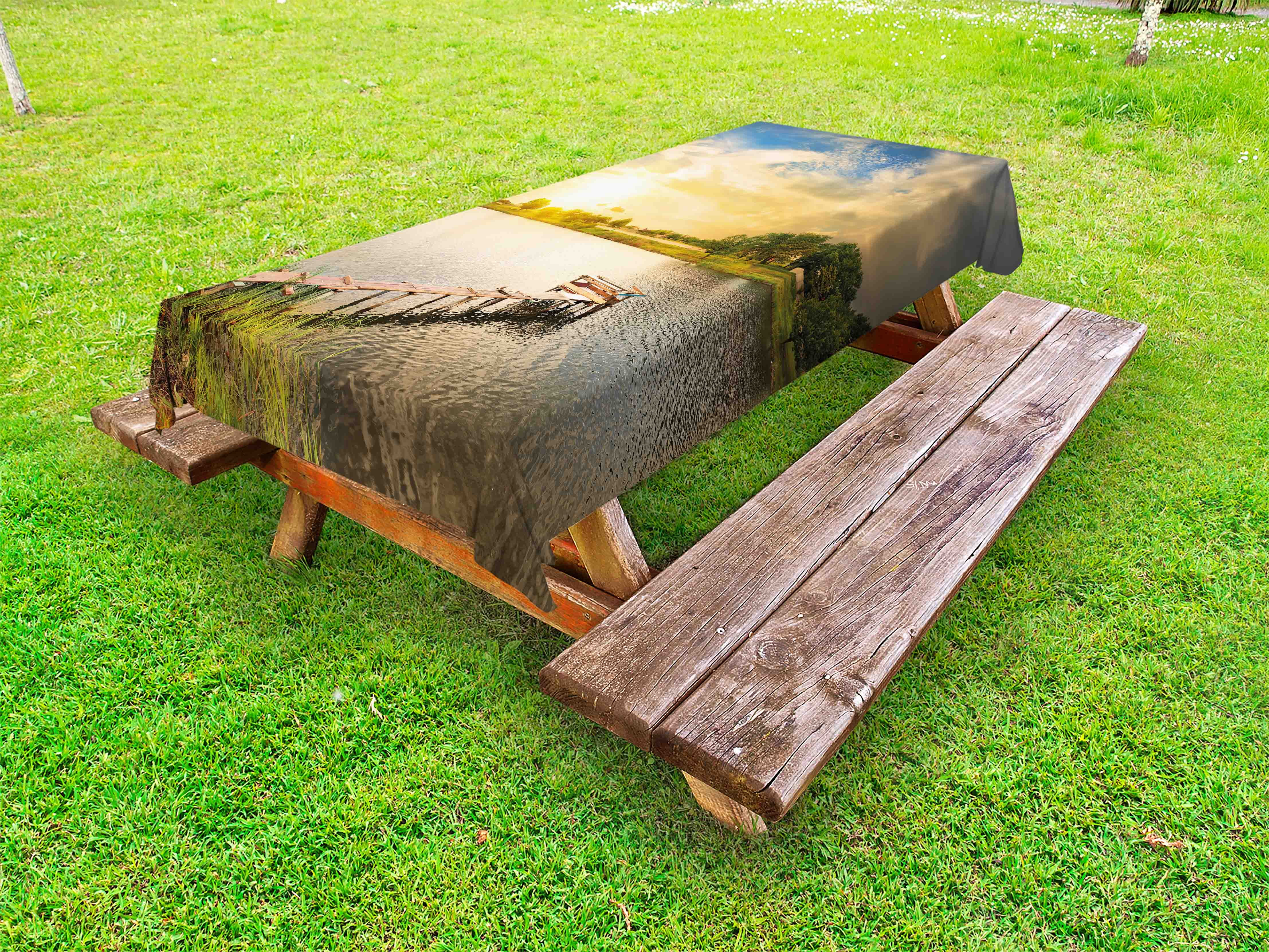 Nature Outdoor Tablecloth, Wooden Deck on the Lake Surrounded by ...