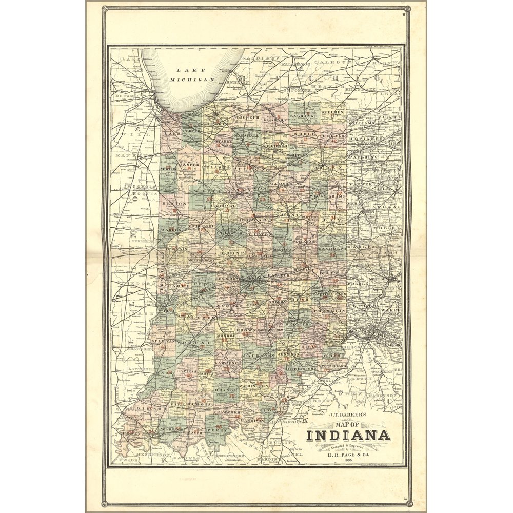 24"x36" Gallery Poster, Map of Indiana 1885 - Walmart.com - Walmart.com