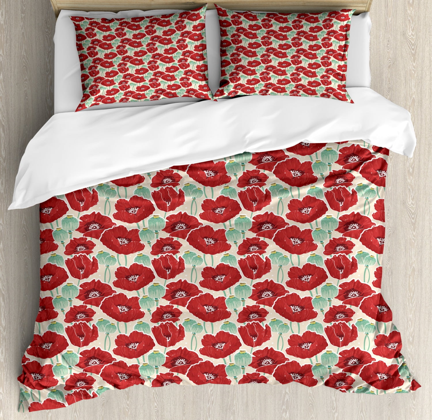 Poppy King Size Duvet Cover Set, Spring Garden Pattern with Red ...
