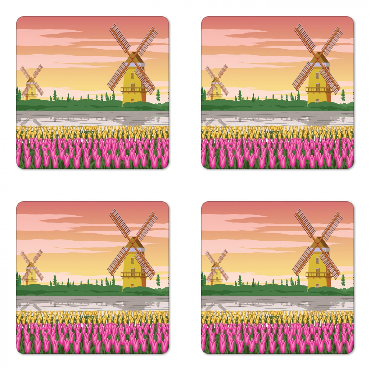 Amsterdam Coaster Set of 4, Colorful Botanical View of Bi-color Tulips ...