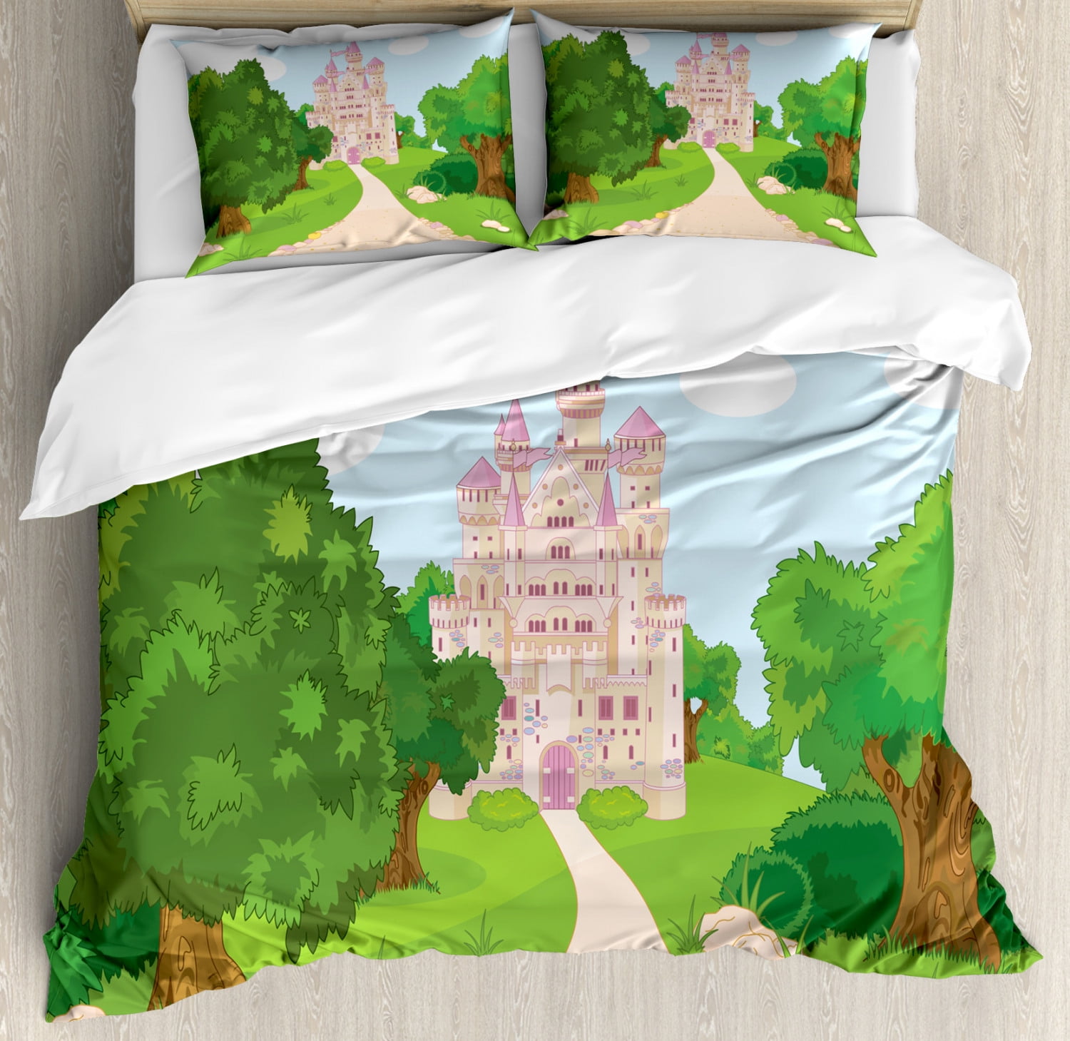 Fairy Tale King Size Duvet Cover Set, Castle from Middle Ages with Pink ... Fairy Tale King Size Duvet Cover Set, Castle from Middle Ages with Pink ...