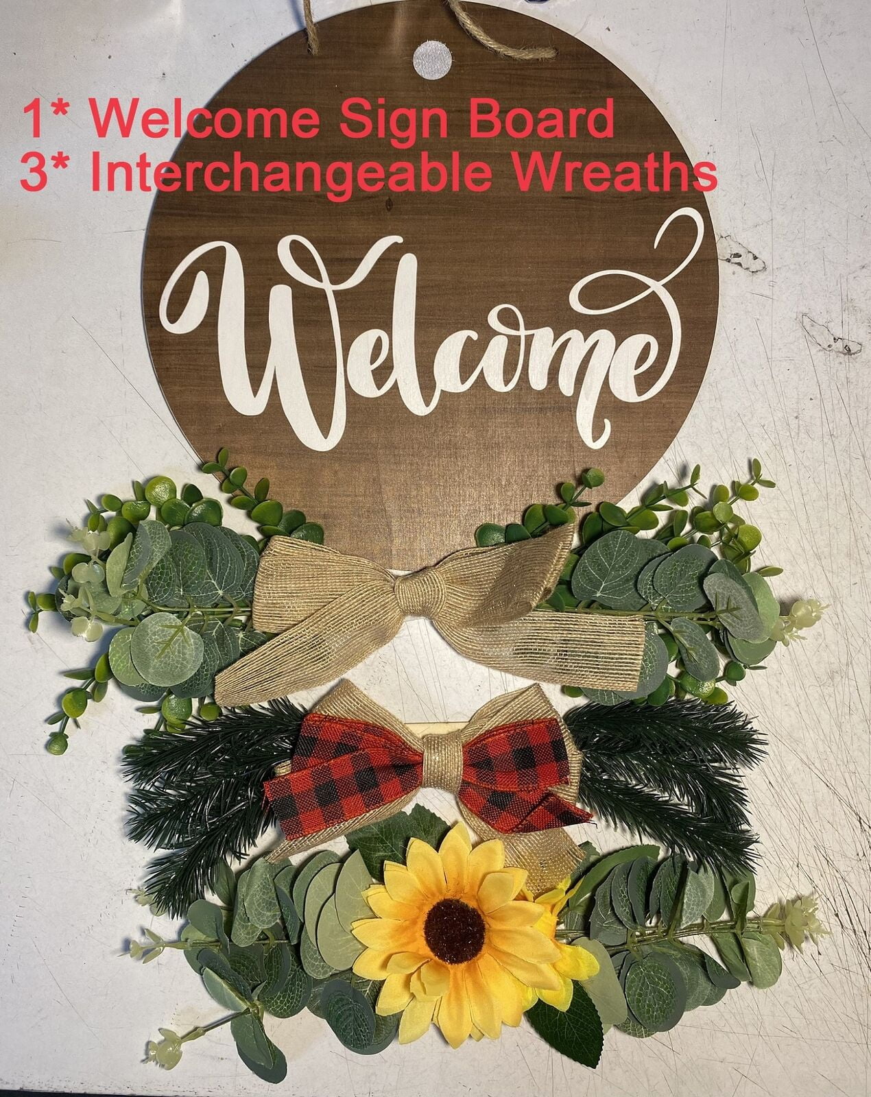 Interchangeable Welcome Sign for Front Door Porch w/3 Seasonal Wreath ...