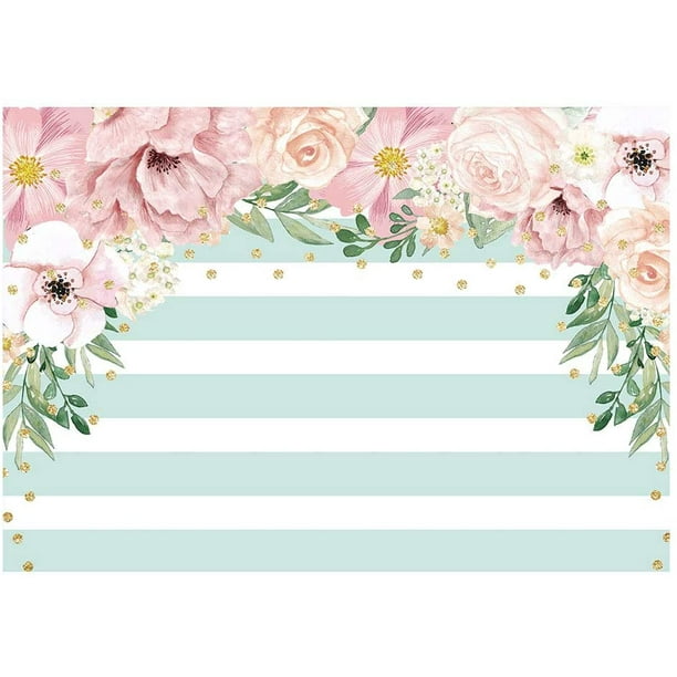 7X5ft Pink and Mint Green Floral Backdrop Stripes Flowers Birthday ...