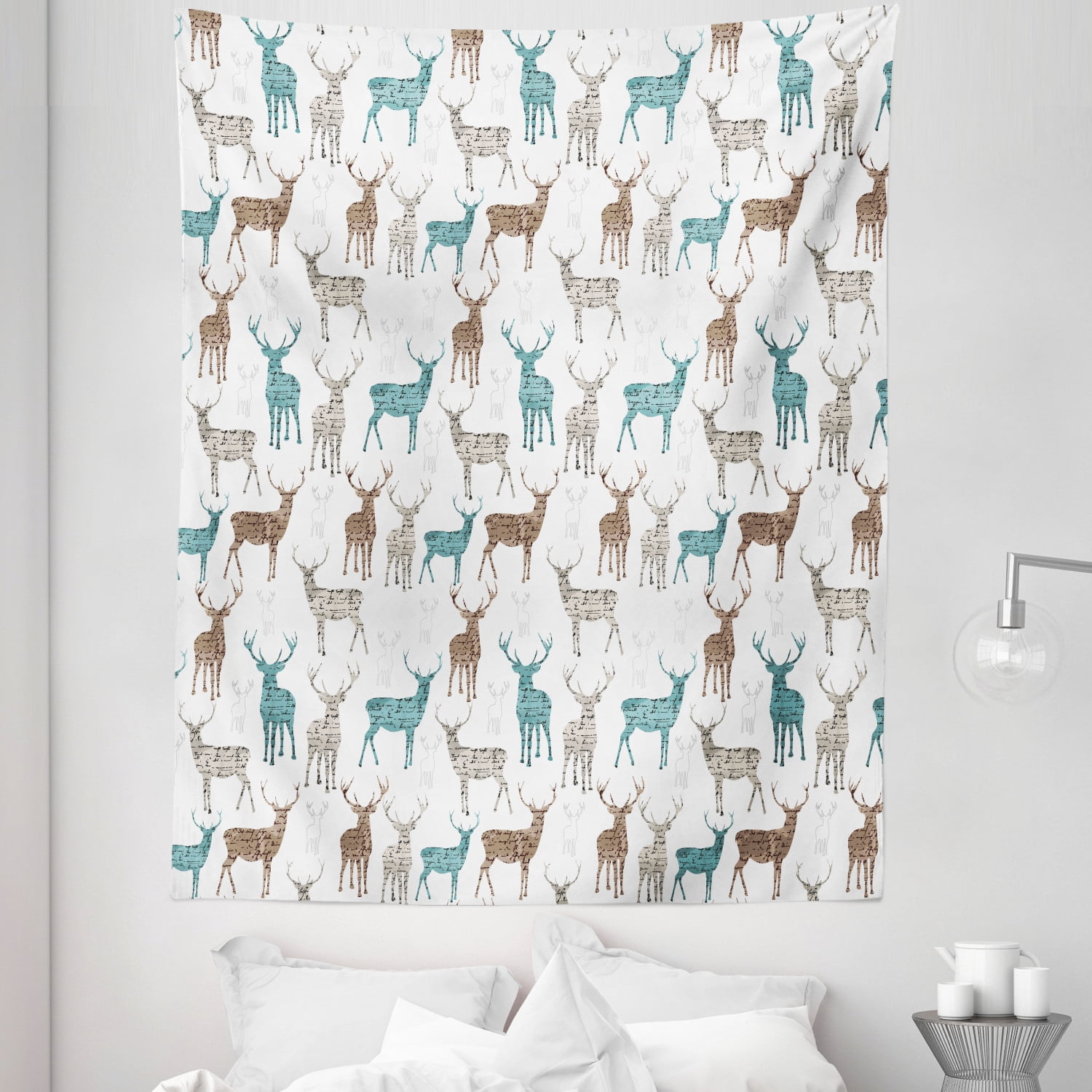 Deer Tapestry, Animals with Old Text Pattern Christmas Theme Vintage ...
