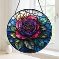 Blooming Purple Rose Round Stained Glass Style Window Hanging Decor ...