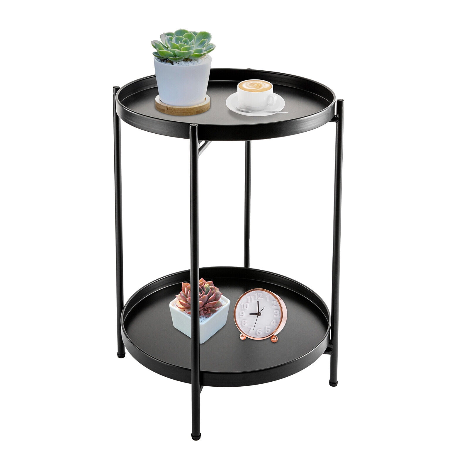 Black Small Folding Accent Table Outdoor Side Table 2-Tier Removable ...