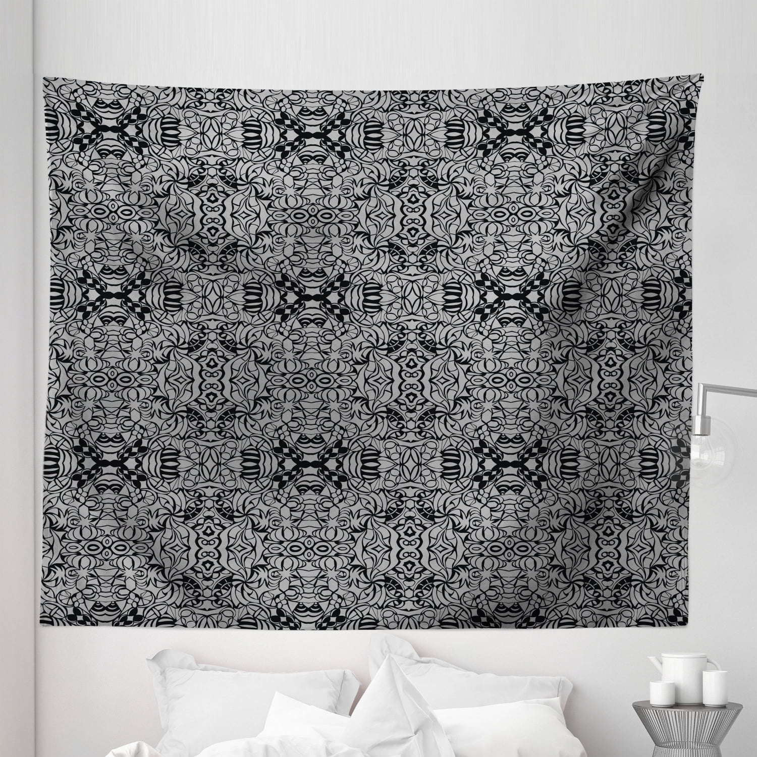 Dark Grey Tapestry, Abstract Antique Pattern with Curves and Swirls ...