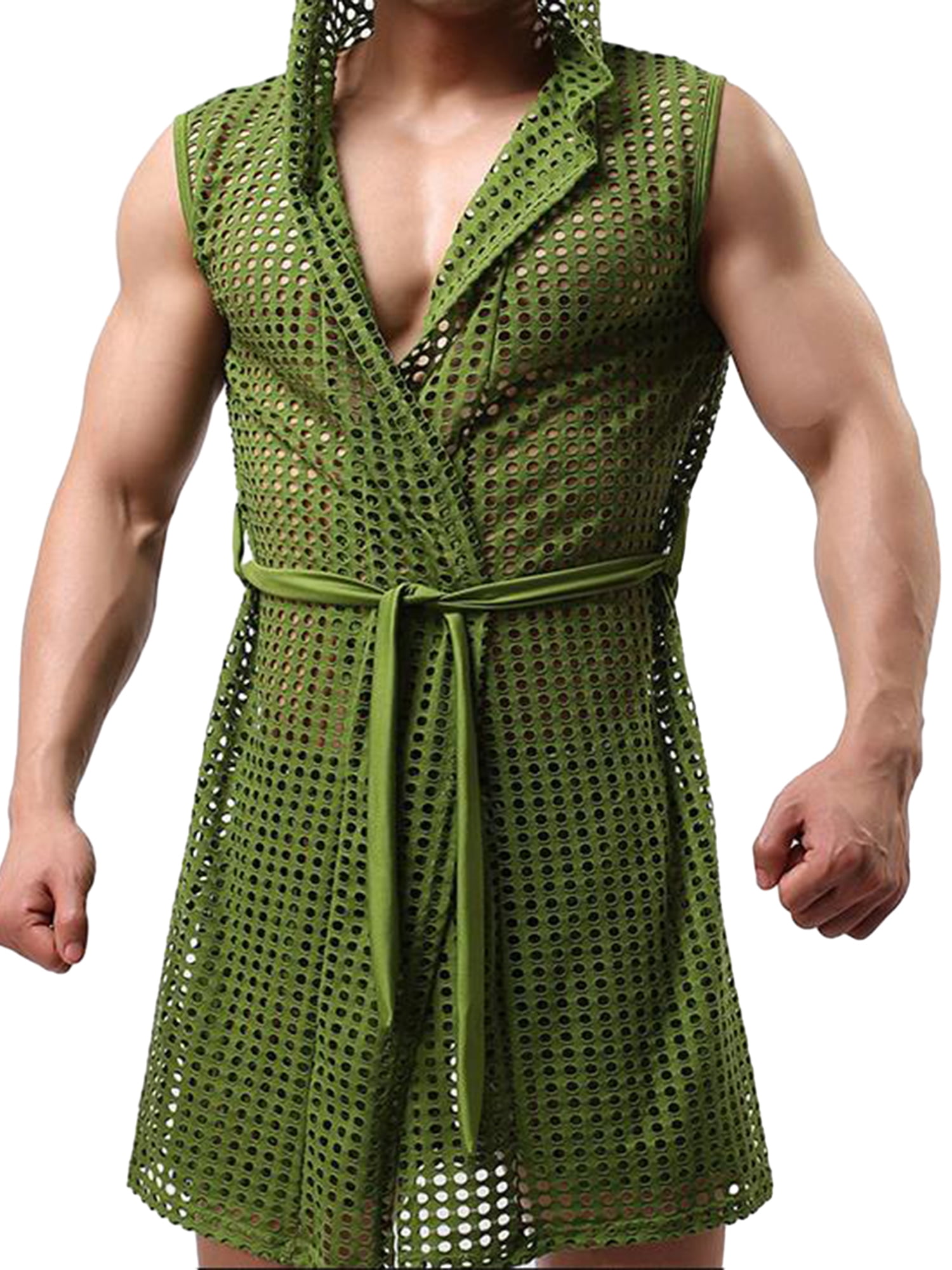 Eyicmarn Men's Hollow Out Hooded Bathrobes Solid Color Sleeveless Robes ...