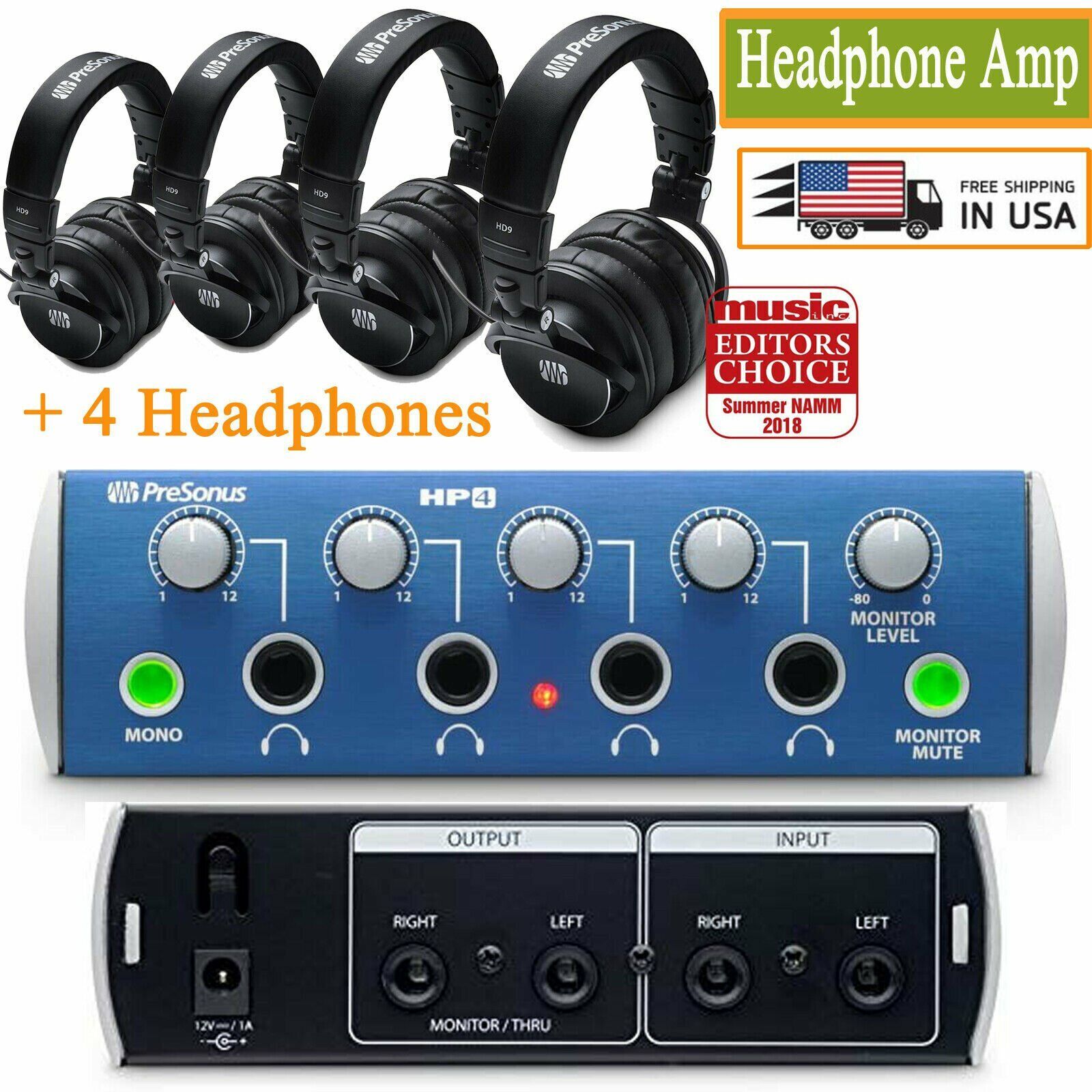 Presonus HP4 4 Channel Headphone Amplifier Monitoring System + 4x HD9 Headphones Bundle ...