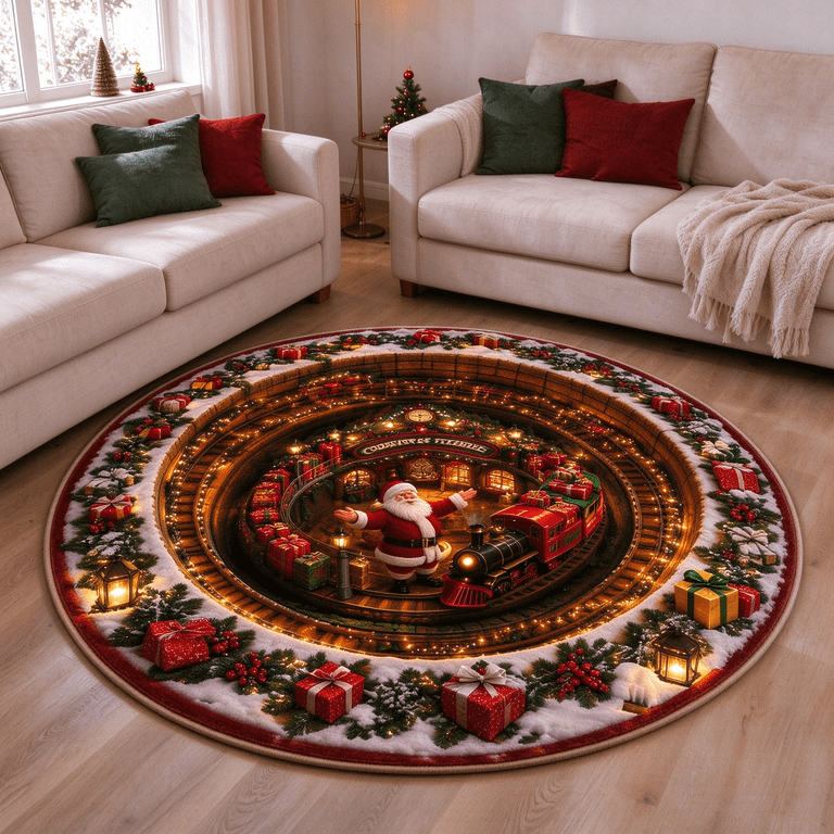3D Christmas Rugs, Festive Round Floor Carpet，3D Rugs Optical Illusion ...