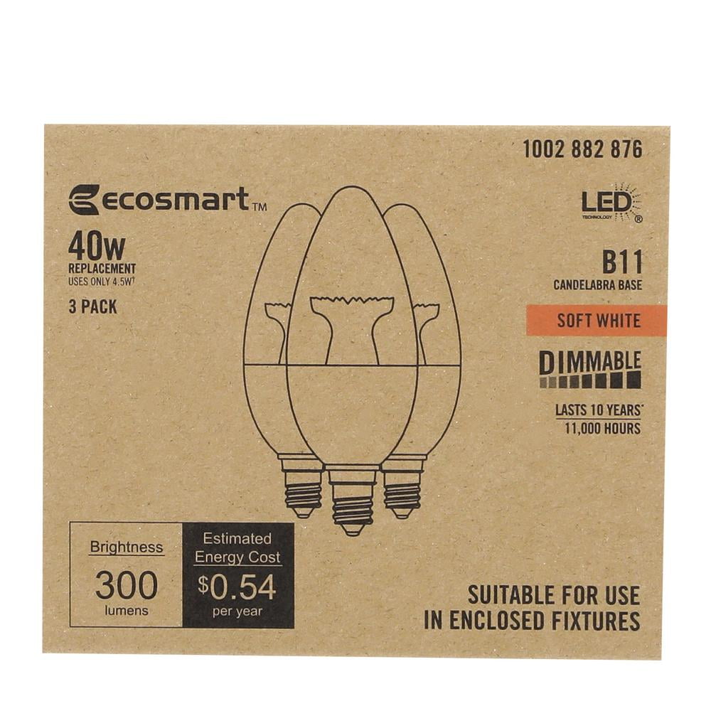 EcoSmart 40-Watt Equivalent B11 Dimmable LED Light Bulb Soft White (3 ... EcoSmart 40-Watt Equivalent B11 Dimmable LED Light Bulb Soft White (3 ...