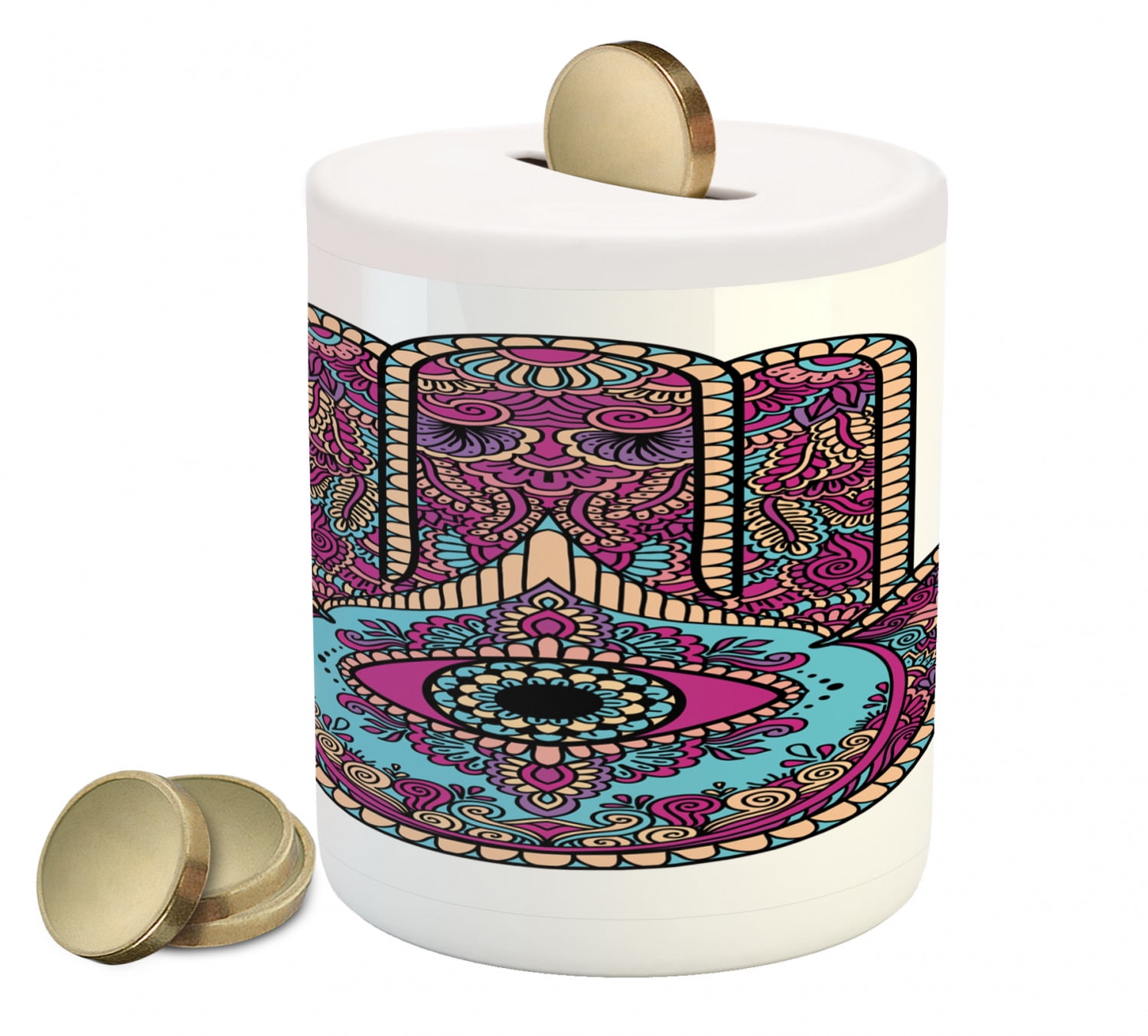 Hamsa Piggy Bank, Doodle Zentangle Style Bohemian Old Fashioned Floral ...