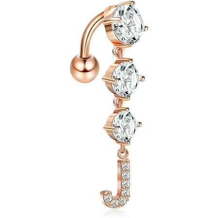 THUNARAZ Women's 14G Initial Dangle Belly Button Rings Stainless Steel Reverse Curved Navel ...