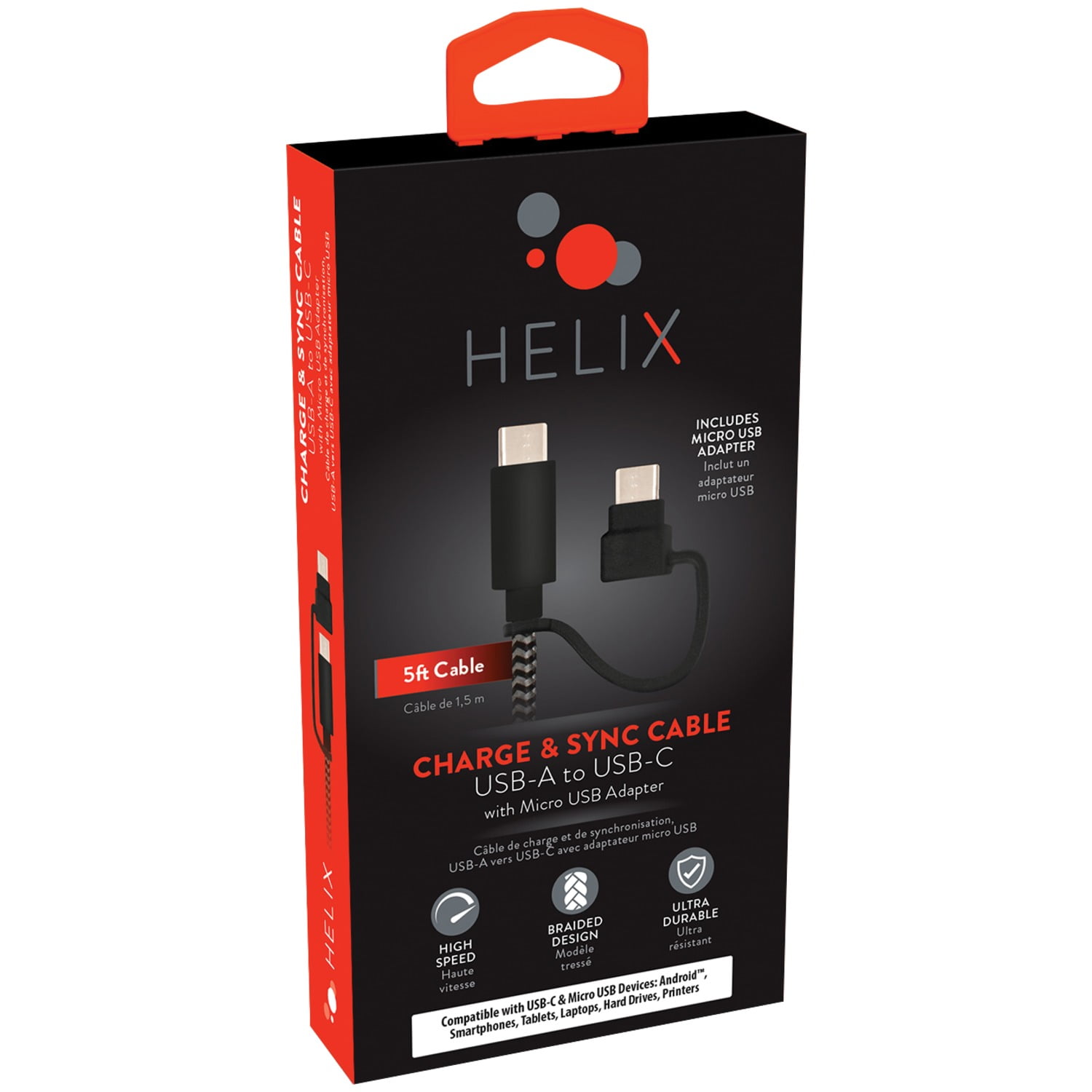 Helix ETHACMBLK USB-A To USB-C Cable With Micro USB Adapter, 5Ft (Black ...