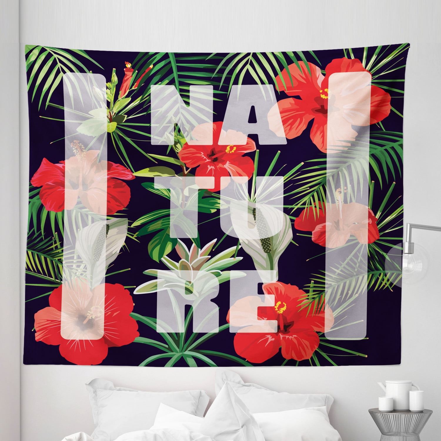 Jungle Tapestry, Nature Typography on Exotic Fragrance Hibiscus, Fabric ...