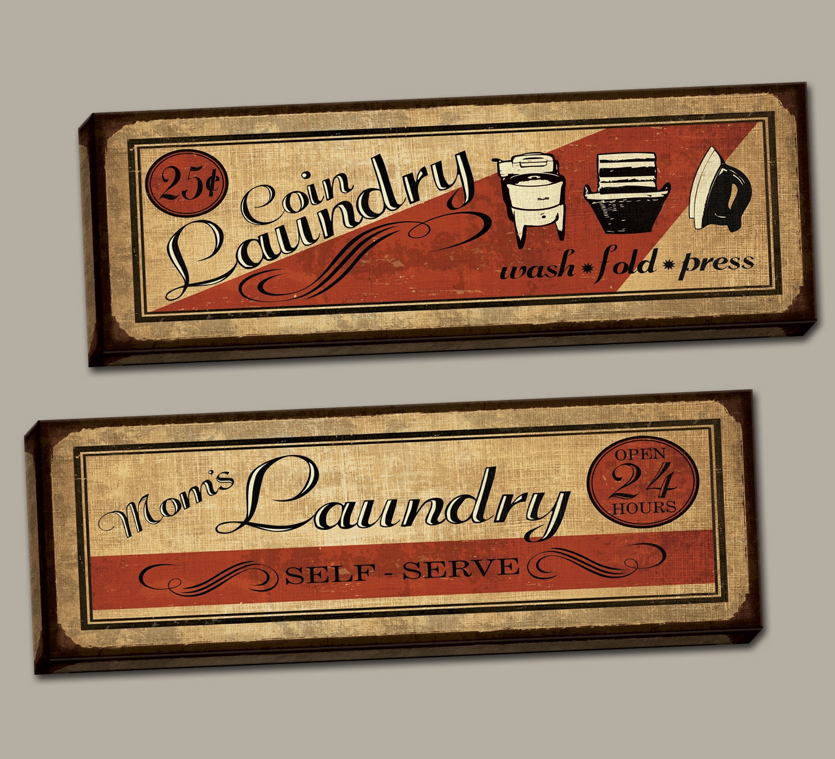 Mom's & Coin Laundry Signs; Wash, Fold, Press, Two 20X8 Hand-Stretched ...