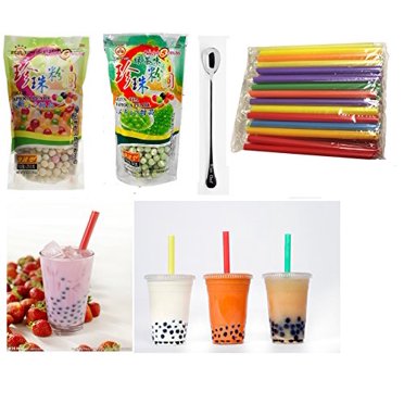 5 Varieties WuFuYuan Boba Tapioca Pearls Bundle 8.8 Oz. Each with 1 Pack of 50 Karat Boba Wide ...