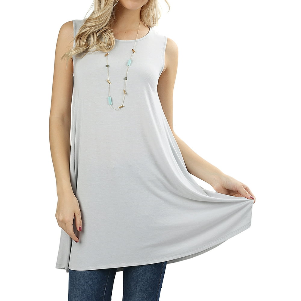 Zenana - Women & Plus Round Neck Sleeveless Flowy Tunic Top with Side ...