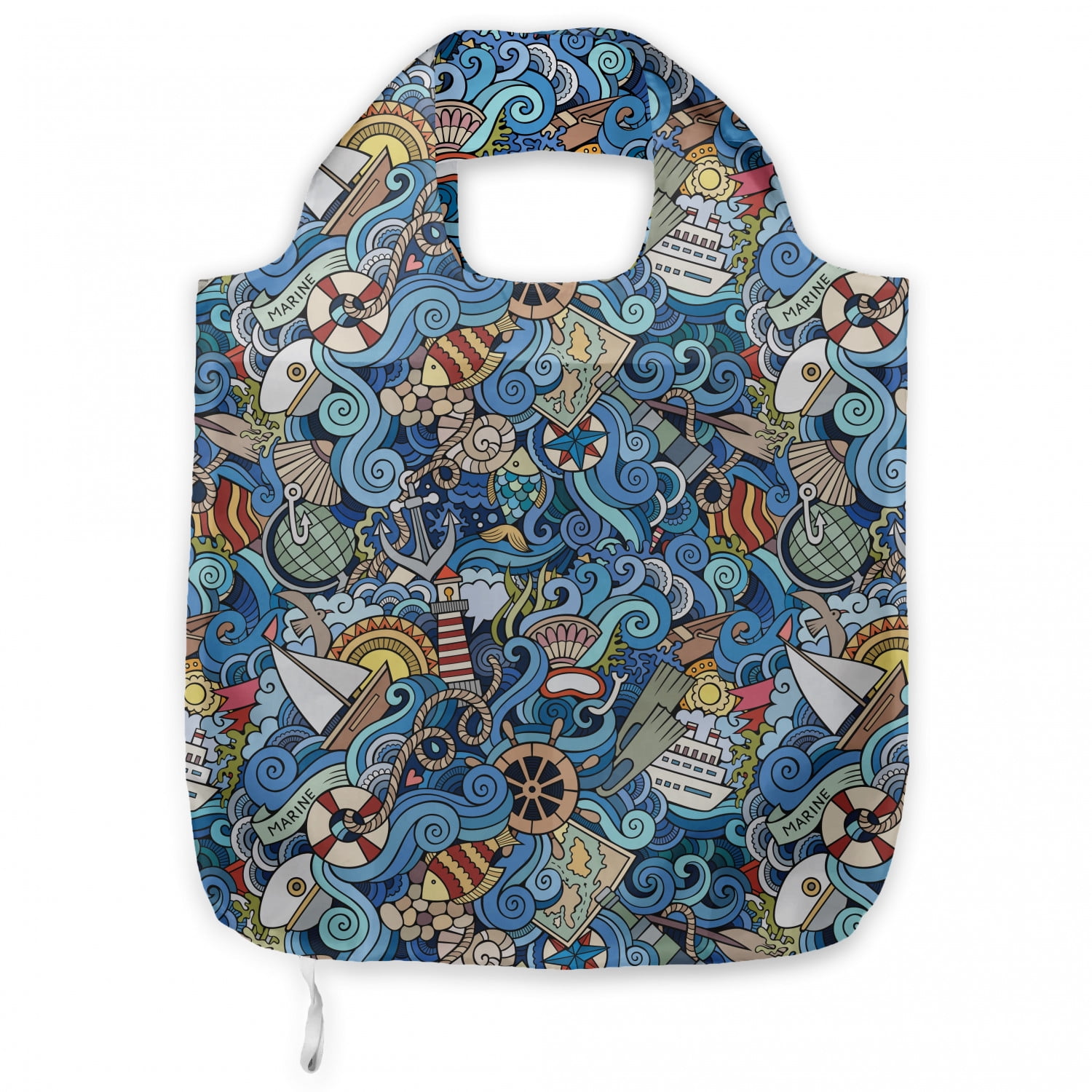 Nautical Fabric Shopping Tote, Abstract Pattern Sea Shells Sea Horse ...