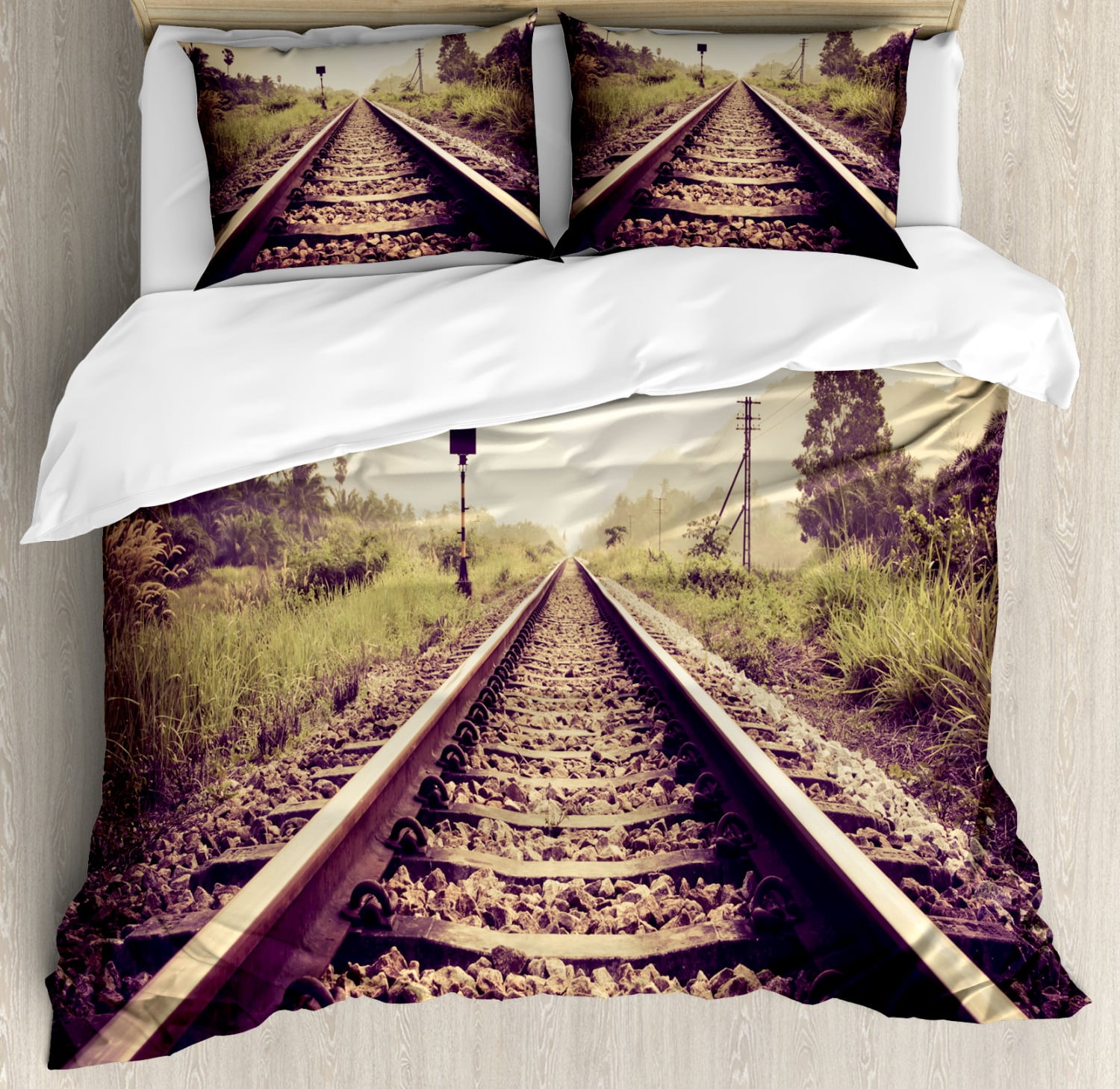 Train Track Duvet Cover Set King Size, Vintage Rural Inspired Railroad ...