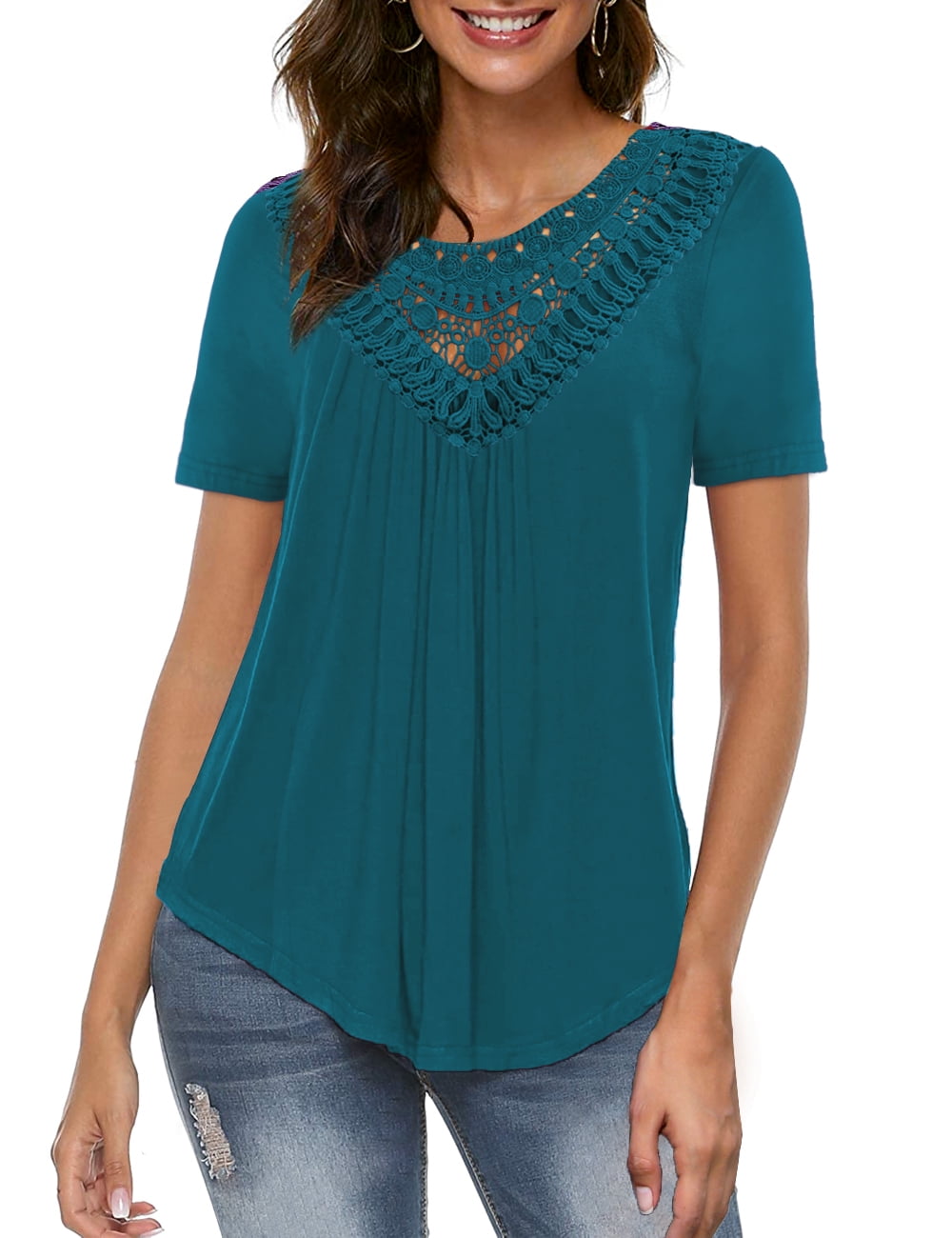 GingDin Women's Plus Size Summer Tops Short Sleeve Lace Pleated Blouses ...